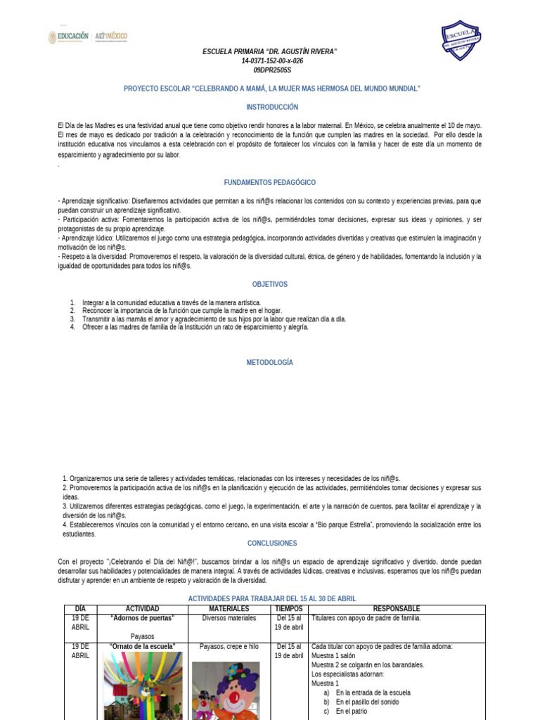 Proyecto Dia de Las Madres-2024 | PDF | Aprendizaje | Inclusión (Educación)