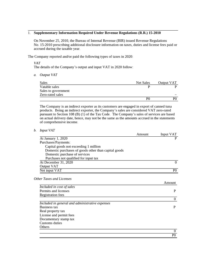 Supplementary Information Required Under Revenue Regulations | PDF ...
