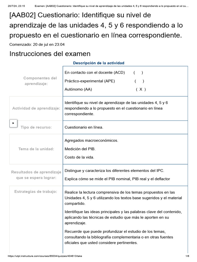 Examen - AAB02 Cuestionario - Identifique Su Nivel de Aprendizaje de Las Unidades 4 5 y 6 ...