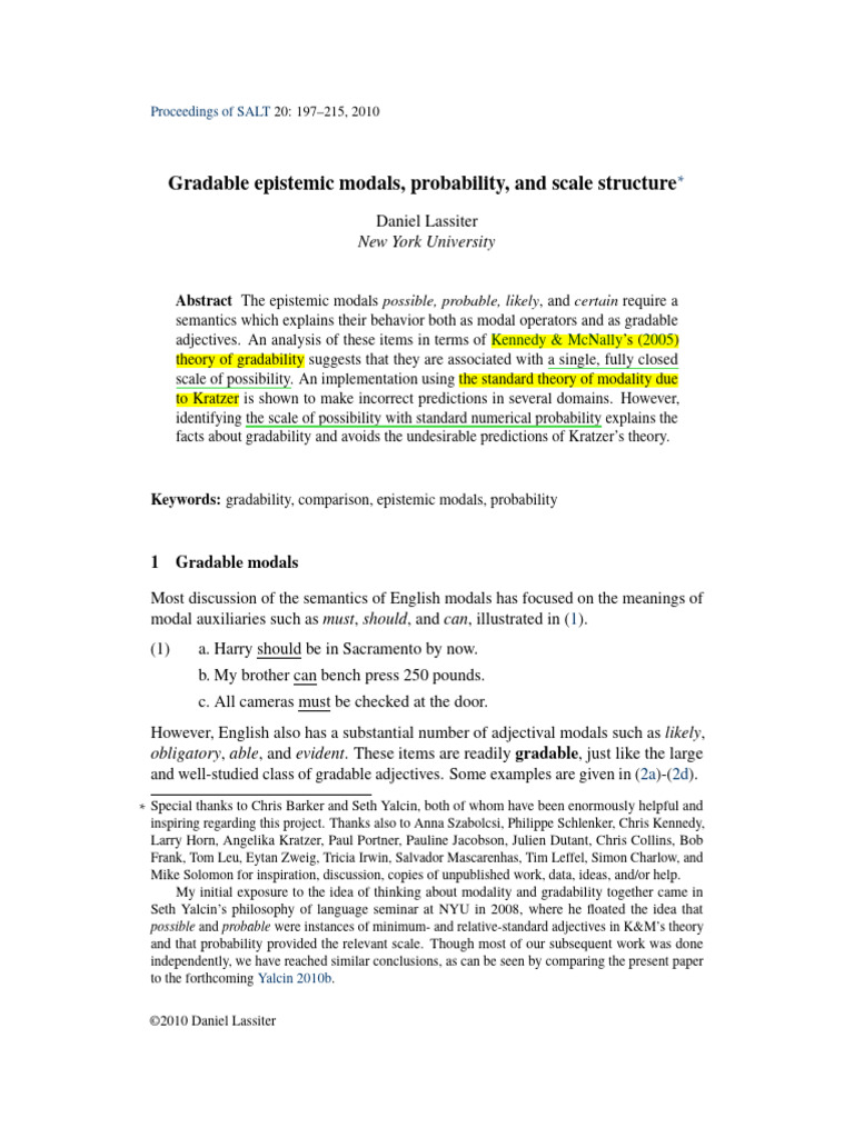 2010-Gradable Epistemic Modals, Probability, and Scale Structure | PDF | Modal Logic | Theory