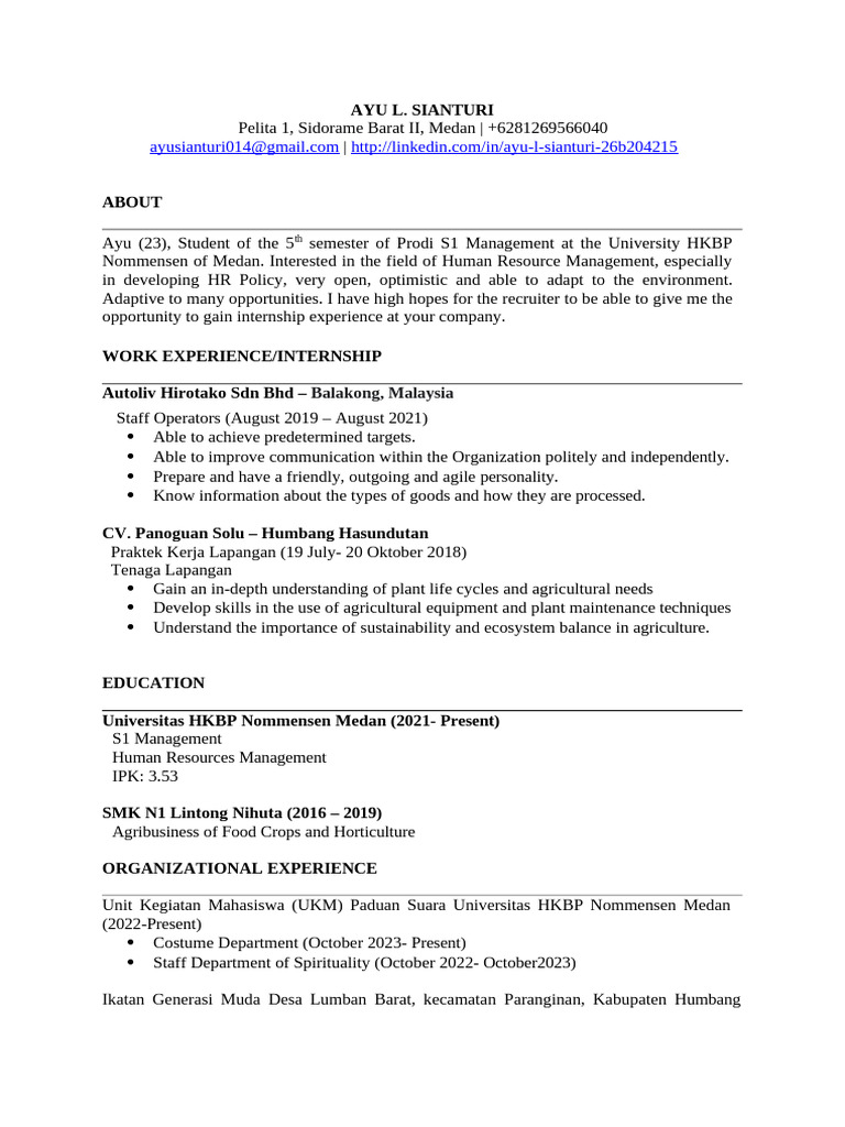 CV - Ayu L. Sianturi | PDF | Career & Growth | Business