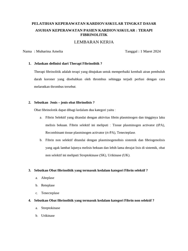Lembaran Kerja Asuhan Keperawatan Pasien Kardiovaskular - Terapi Fibrinolitik - Muharina Amelia ...