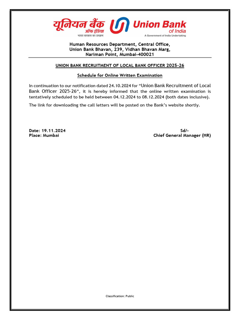 Union Bank Local Officer Exam Schedule | PDF