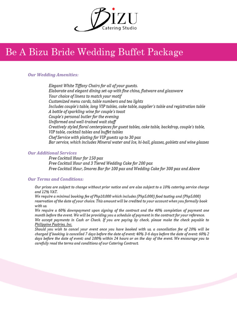 Bizu Catering Studio Wedding Buffet Package 2015 | PDF | Salad | Pasta