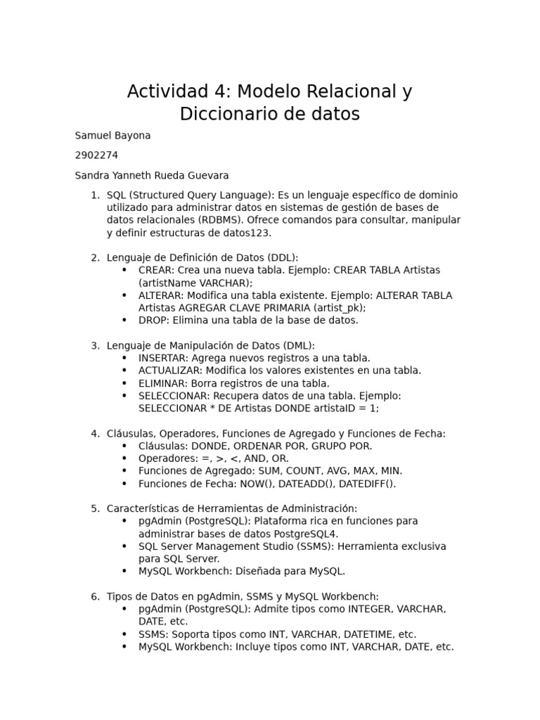 Actividad 4 Introducción Al Lenguaje SQL Samuelbayona 2902274 | PDF | Informática | Ingeniería ...