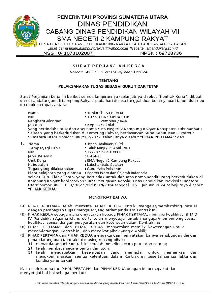 Surat Perjanjian Kerja IRPAN-2 | PDF