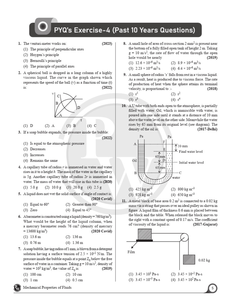 11 - Mechanical Properties of Fluid - PYQ | PDF | Pressure | Surface Tension