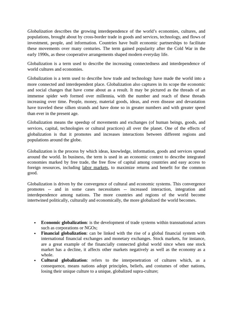 Globalization Describes The Growing Interdependence of The World | PDF | Globalization | Economies
