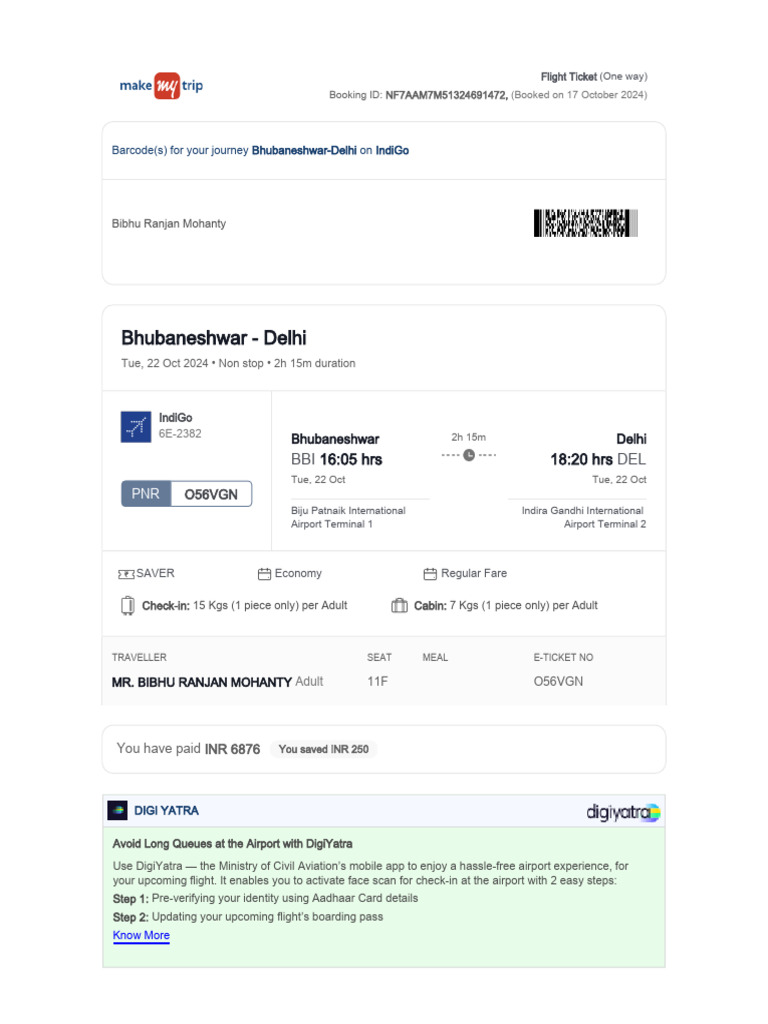 IndiGo Flight Ticket: Bhubaneshwar to Delhi | PDF | Airport | Transport