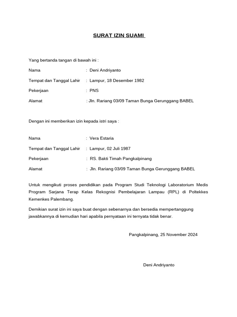 Surat Izin Suami untuk Pendidikan Istri | PDF