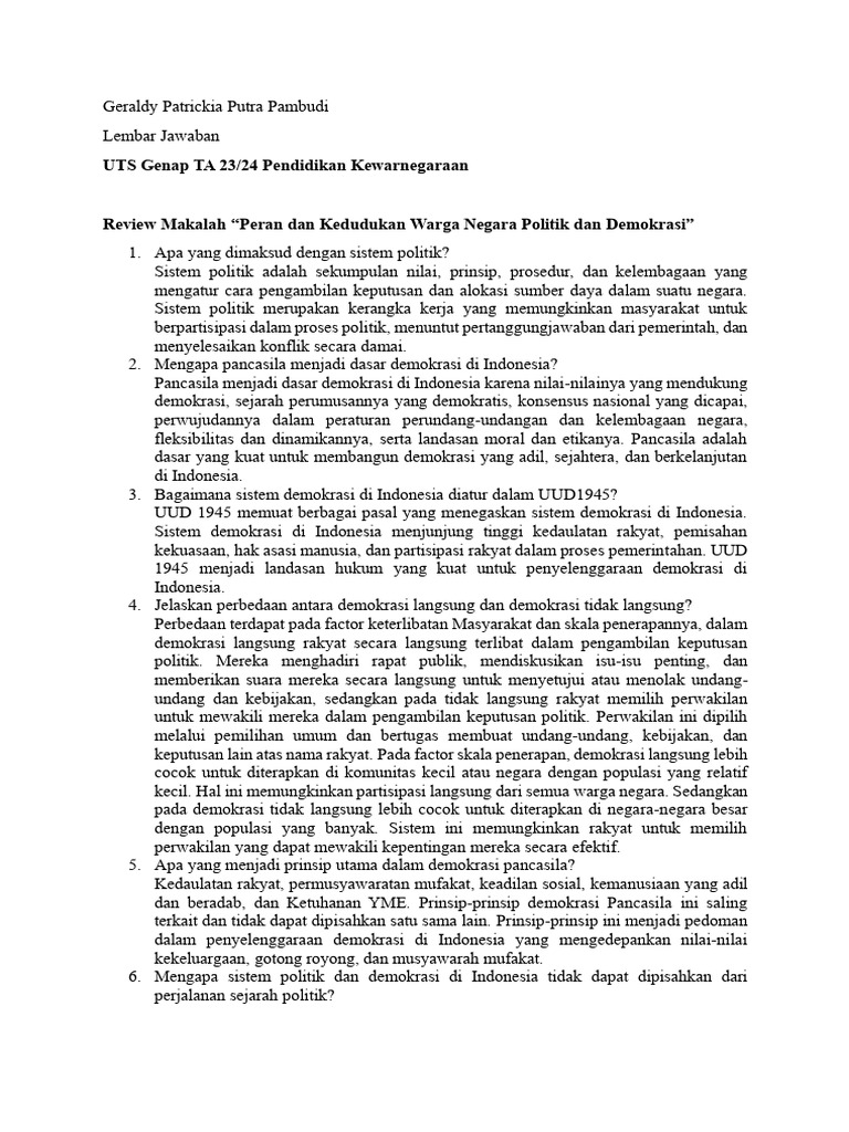 Lembar Jawaban UTS Genap TA 23-24 Pendidikan Kewarnegaraan - Geraldy ...