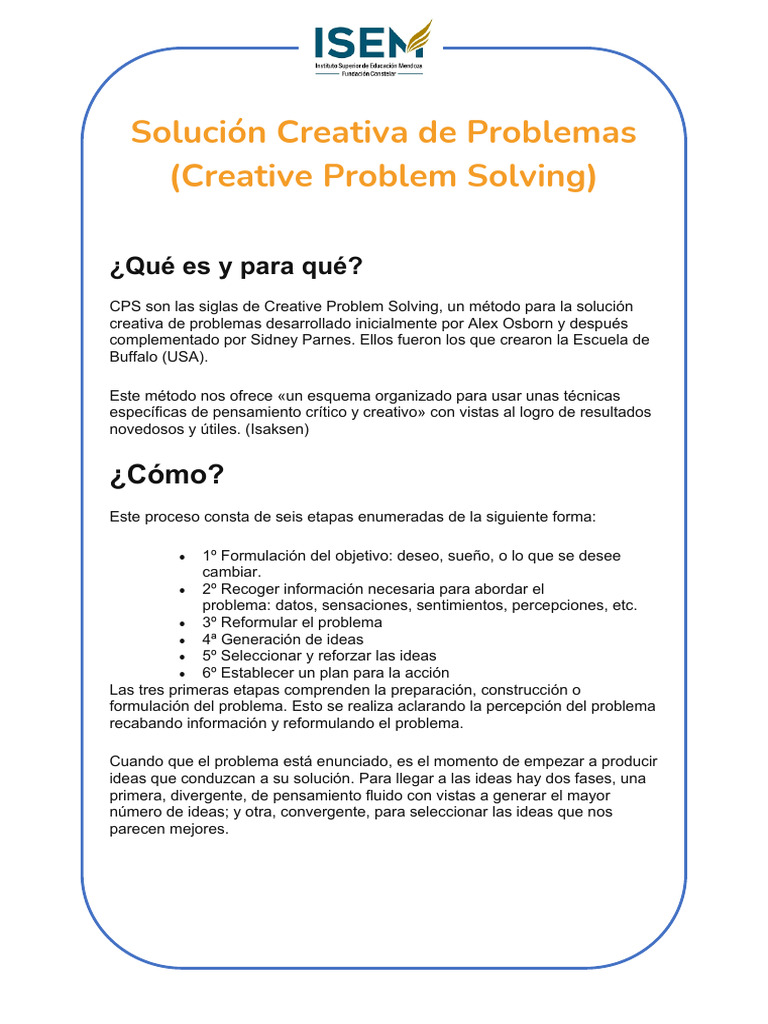 Solución Creativa de Problemas (Creative Problem Solving) : ¿Qué Es y para Qué? | PDF ...