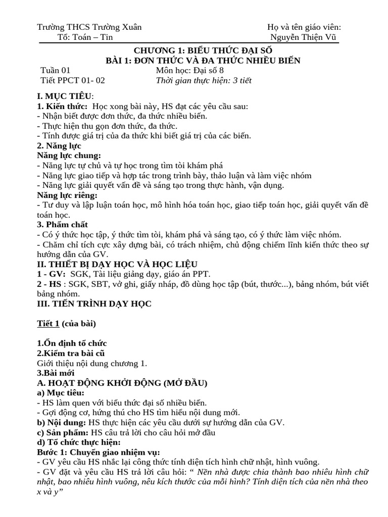 Tuan 1 KHBD Toan 8 | PDF