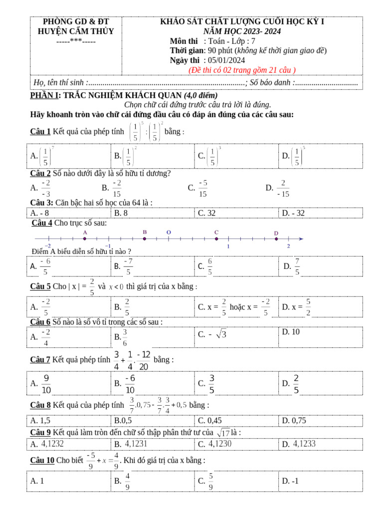 De Cuoi Hoc Ky 1 Toan 7 Nam 2023 2024 Phong GDDT Cam Thuy Thanh Hoa | PDF