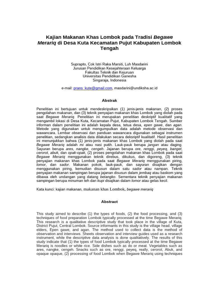 Kajian Makanan Khas Lombok Pada Tradisi Begawe Merariq Di Desa Kuta ...