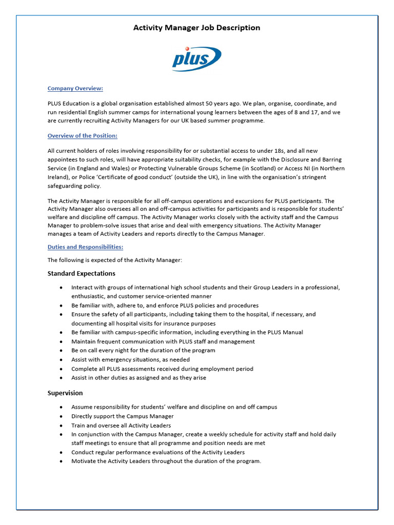 Activity Manager Job Description: Company Overview | PDF | Business