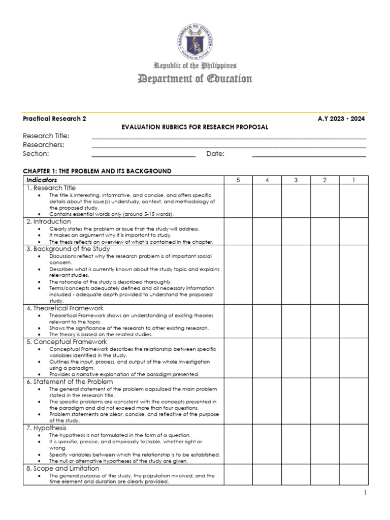 Rubrics Research Proposal | PDF | Hypothesis | Methodology