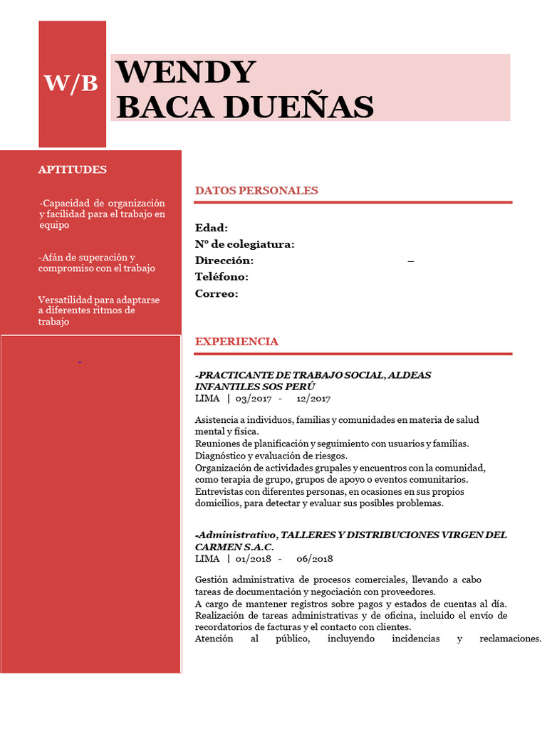 CVWENDYBACADUEÑAS | PDF | Trabajo Social | Lima