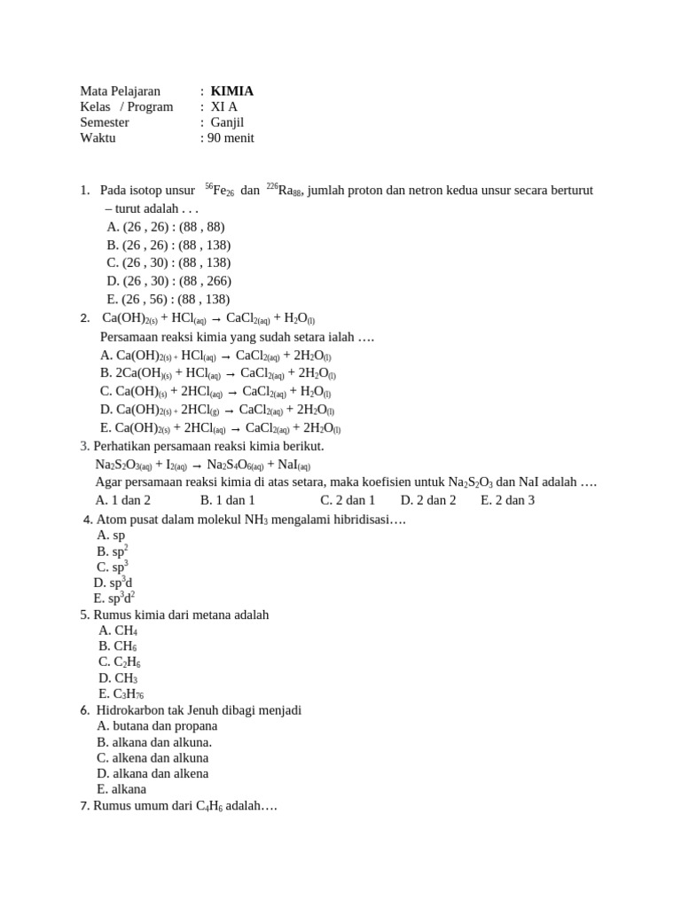 Soal Ujian Kimia Kelas XI Ganjil | PDF