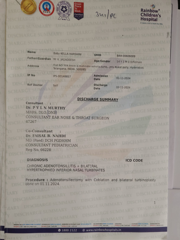 Harshini Dischargesummary | PDF | Drugs | Clinical Medicine