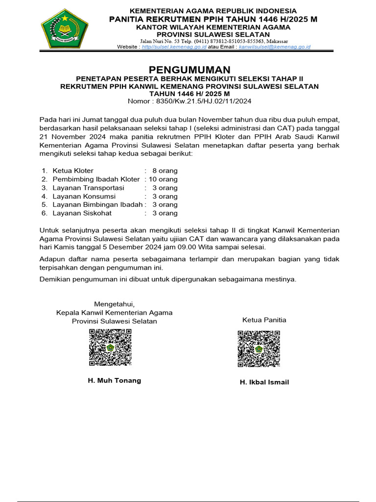 Pengumuman Seleksi Tahap II PPIH | PDF