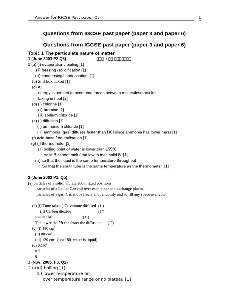 IGCSE Past Paper Answers: Topics 1 & 2 | PDF | Ammonia | Liquids