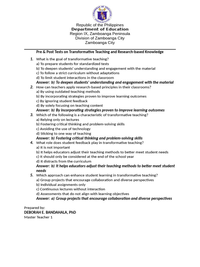 Pre-Post Test - Transformative Teaching | PDF | Art