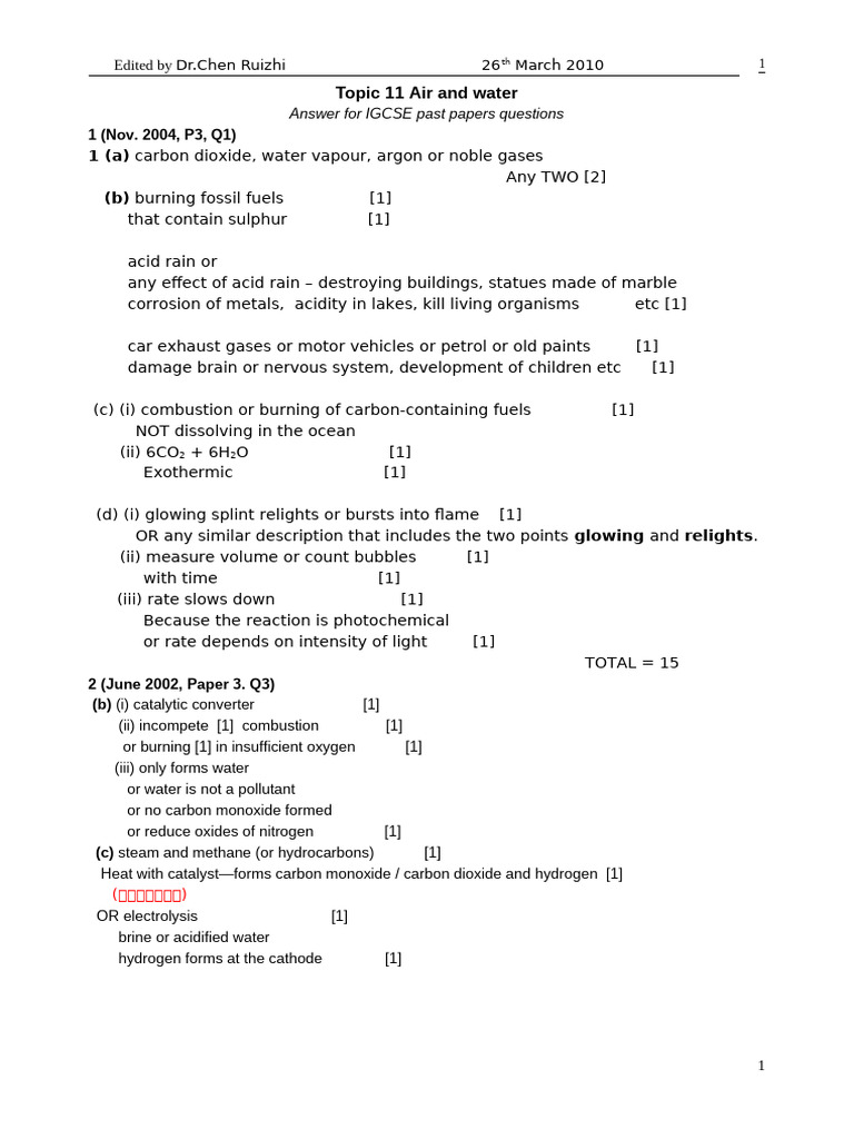 Answer-Past Paper-Topic 11-Air and Water | PDF | Combustion | Oxide