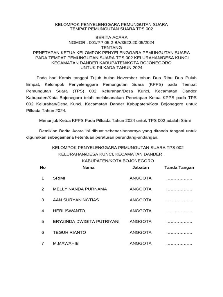 Ba KPPS Ketua KPPS TPS 002 Desa Kunci | PDF