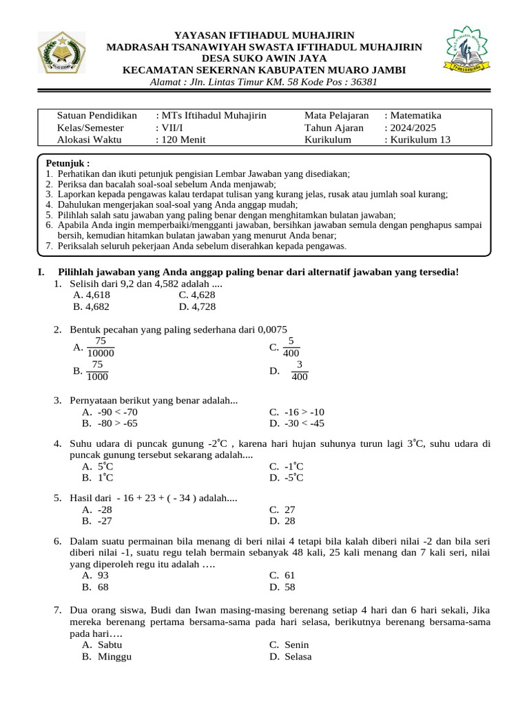 Soal PAS MTK Kelas 7 K13 | PDF