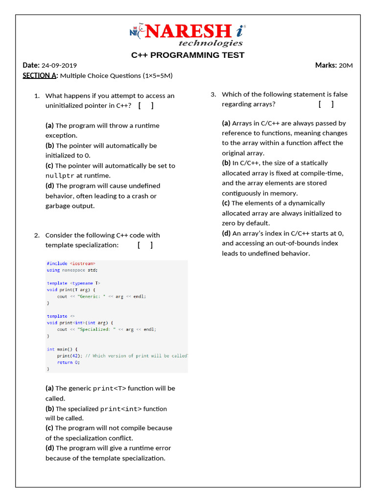C++ Programming Test Questions | PDF