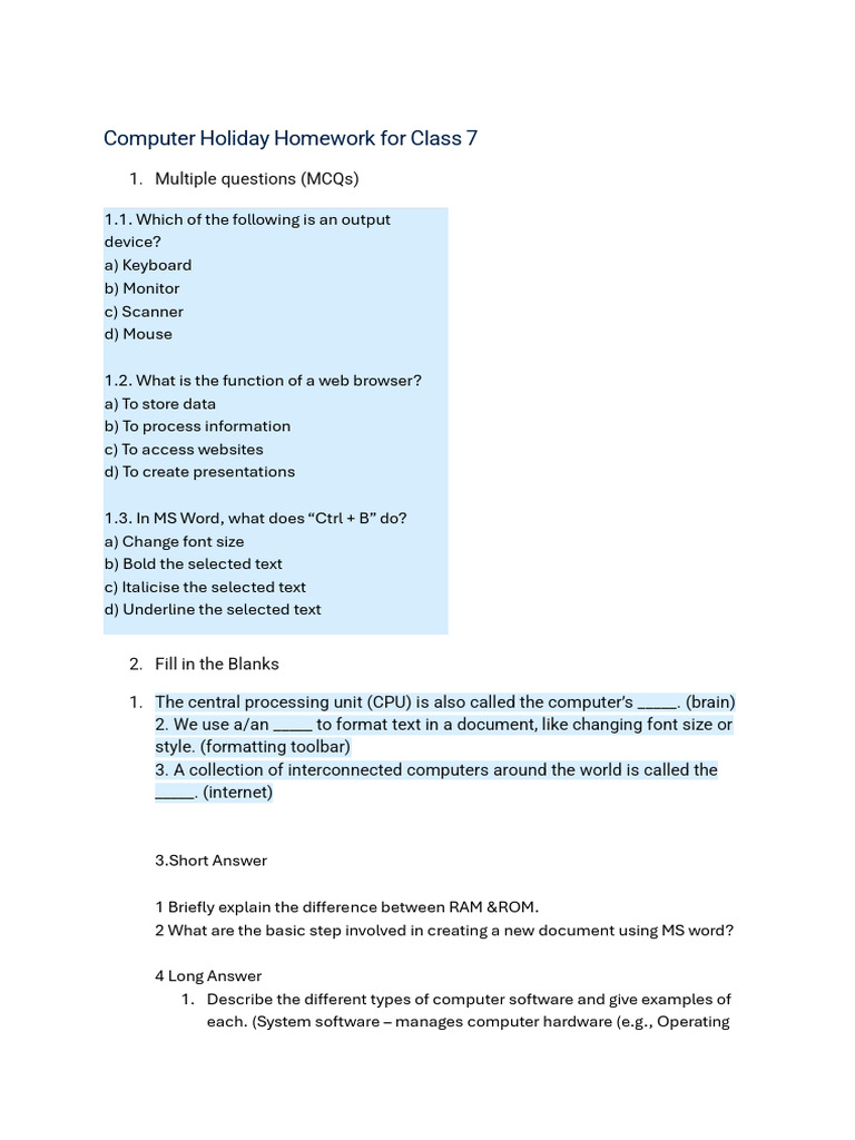 Computer Holiday Homework For Class 7 | PDF