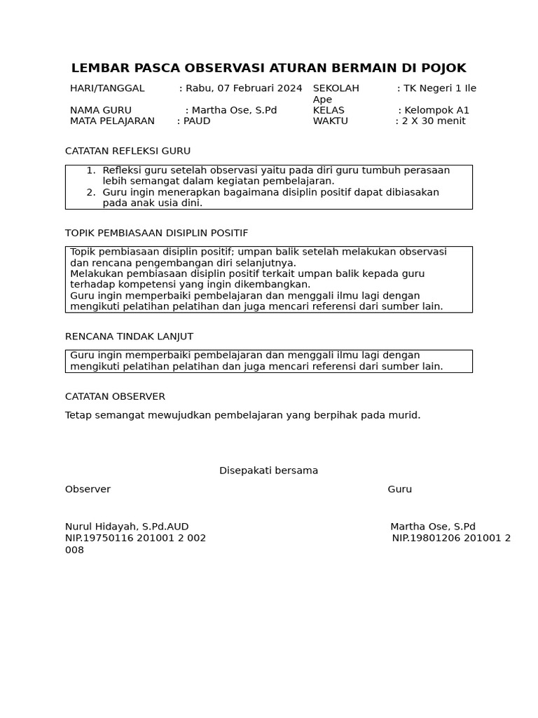 Lembar Pasca Observasi Aturan Bermain Di Pojok | PDF | Pengembangan Diri