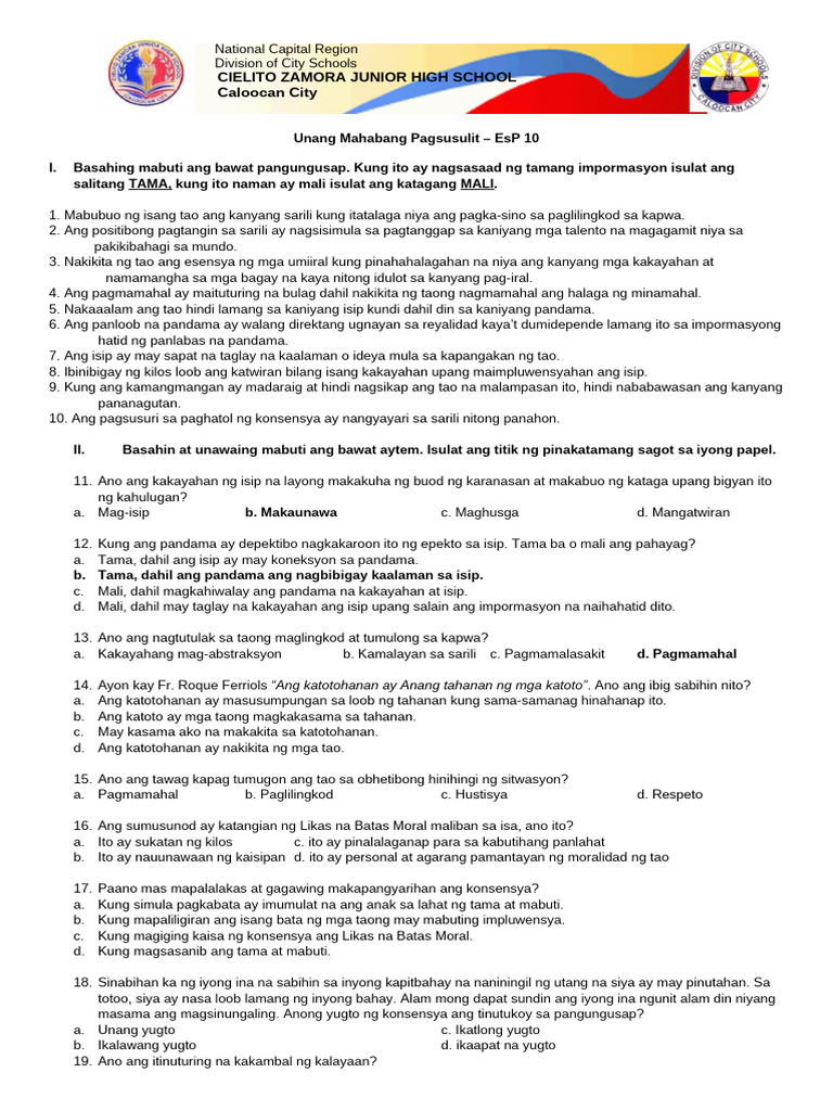 1st Quarter Exam Esp10 | PDF