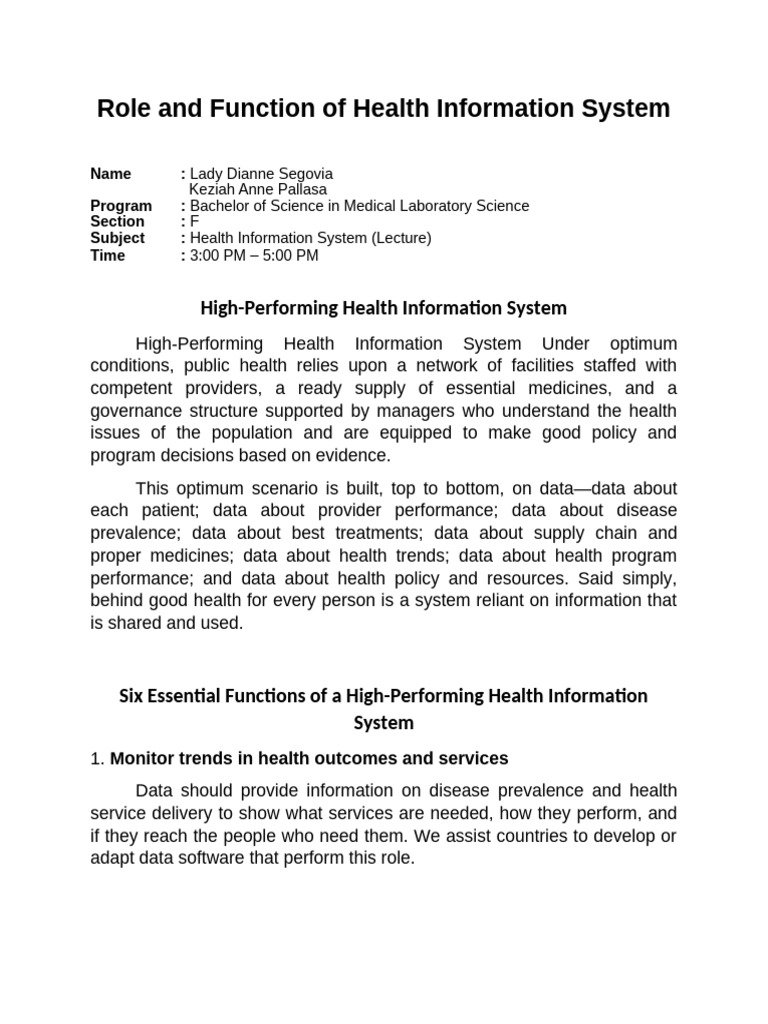 Role and Function of Health Information System | PDF | Health ...
