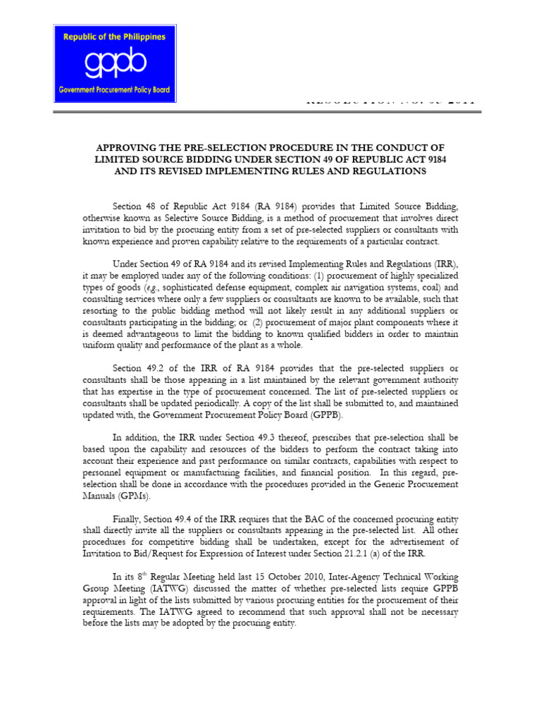 GPPB Resolution No. 05 2011 | PDF | Procurement | Governance