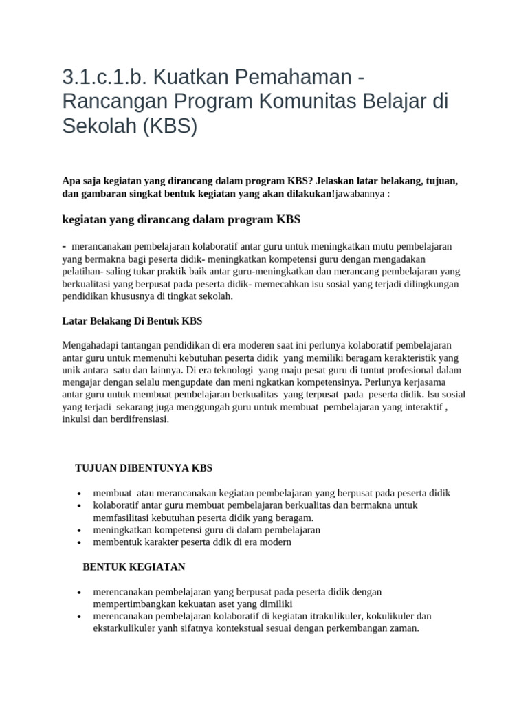3.1.c.1.b. Kuatkan Pemahaman - Rancangan Program Komunitas Belajar Di Sekolah (KBS) | PDF ...