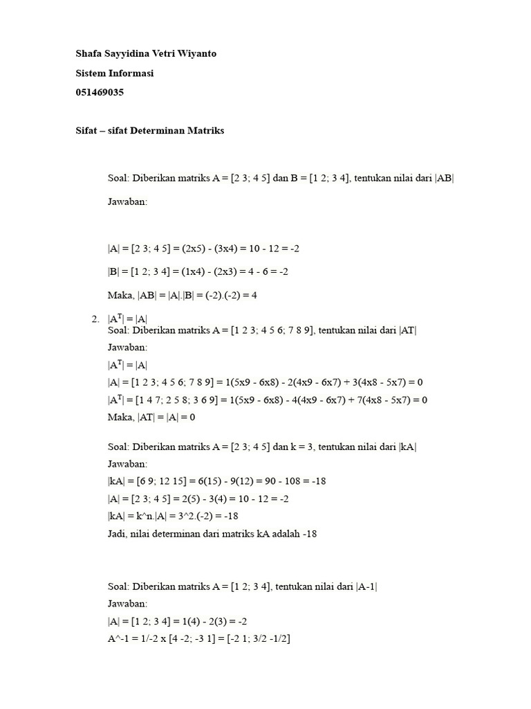 Sifat Determinan Matriks Aljabar Linear | PDF