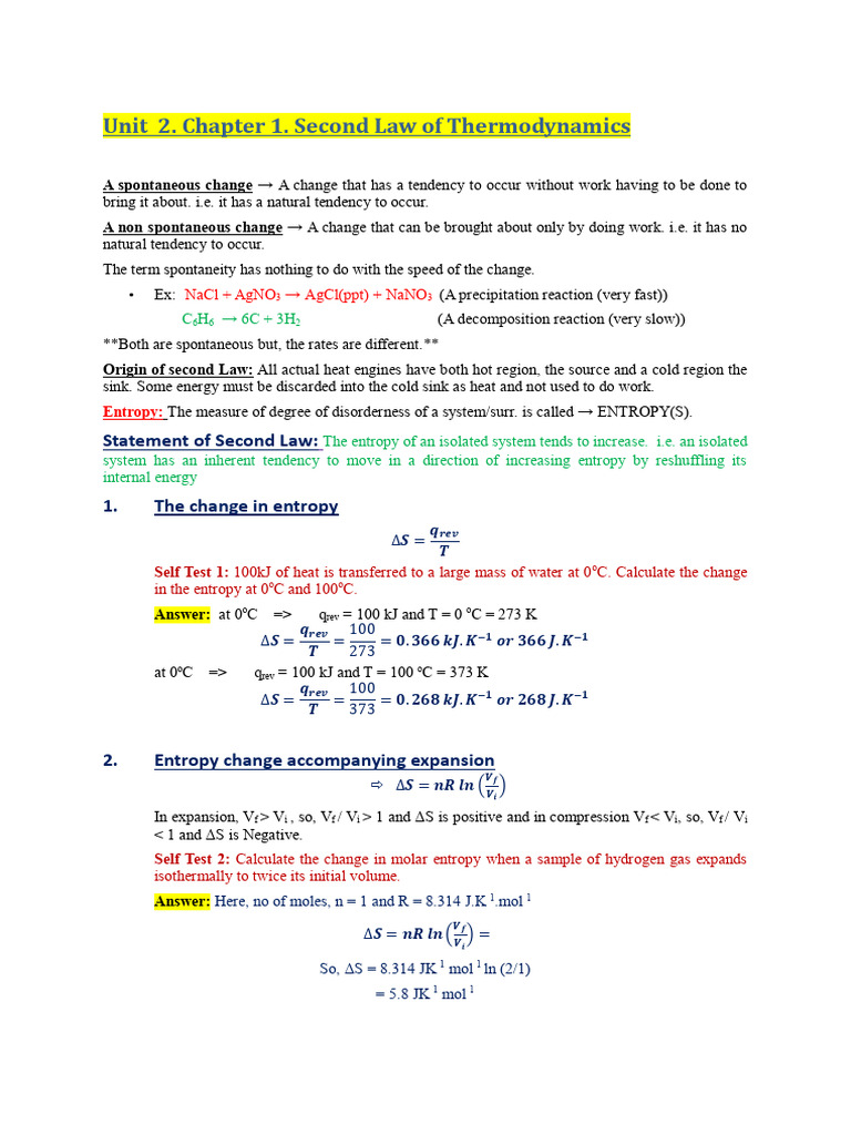 Unit 2. Chapter 1. Second Law of Thermodynamics Summary | PDF | Entropy | Heat
