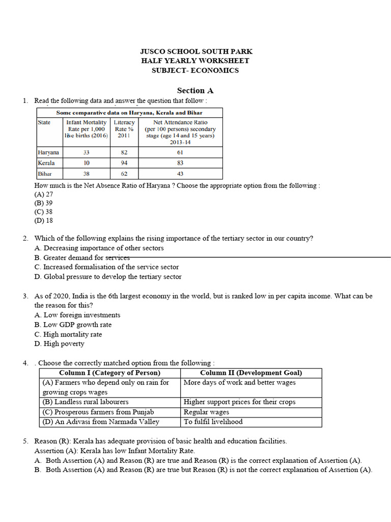 STD X - ECONOMICS - WORKSHEET | PDF | Employment | Gross Domestic Product