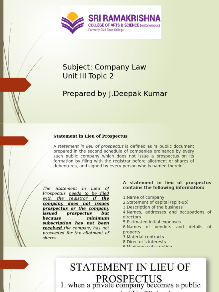JD - Company Law - Topic 2 Lieu Prospectus & Info Memorandum | PDF ...