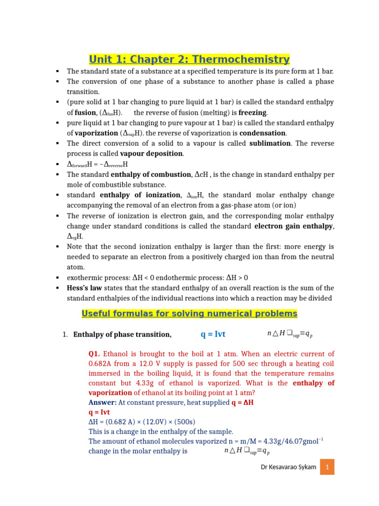 Unit 1 Thermochemistry Summary | PDF | Melting | Enthalpy