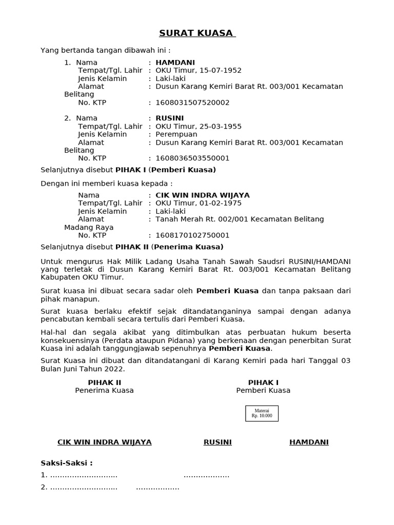Format Surat Kuasa Tanah Sawah | PDF