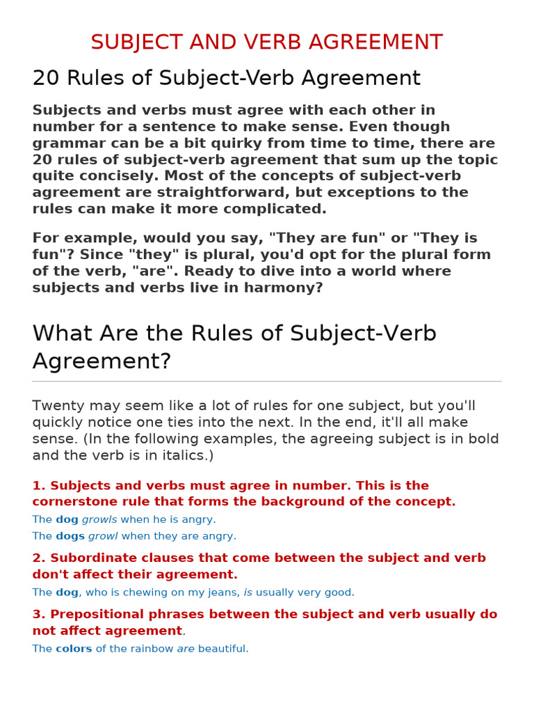 SUBJECT AND VERB AGREEMENT -RULES | PDF | Grammatical Number | Subject (Grammar)
