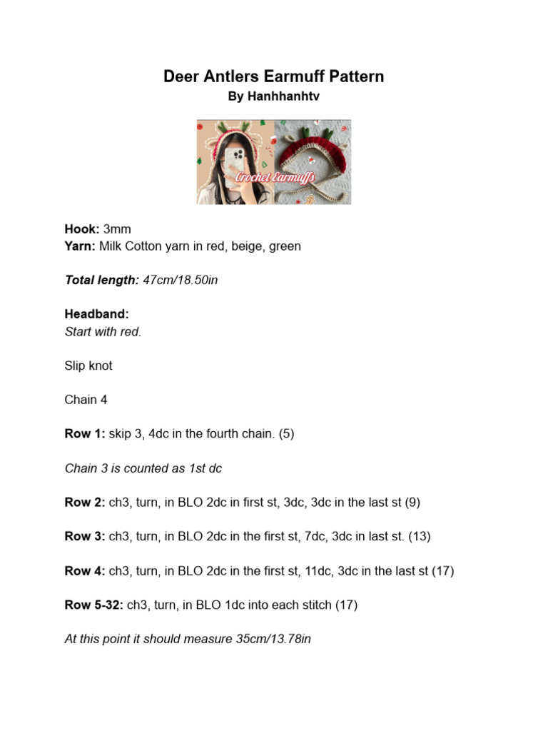 Deer Antlers Earmuff Pattern | PDF | Crafts | Needlework