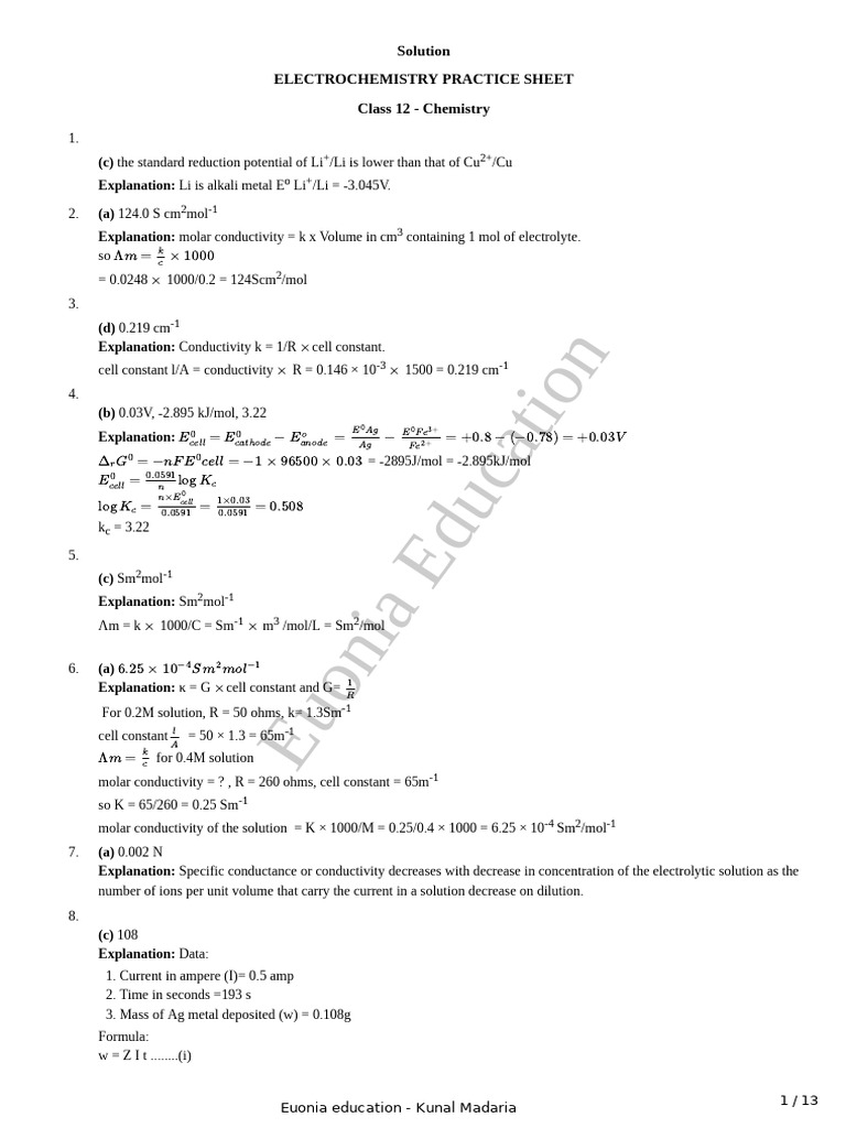Electrochemistry Practice Sheet Solution | PDF | Redox | Electrochemistry