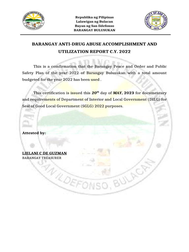 Barangay Anti-Drug Abuse Accomplishment and Utilization Report C.Y ...