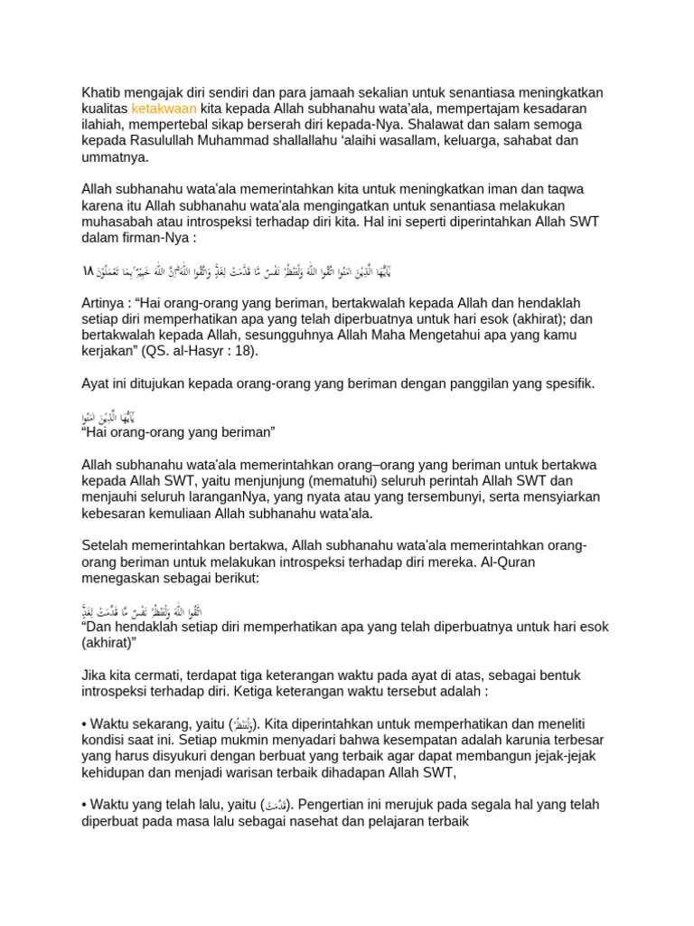 Khatib Mengajak Diri Sendiri Dan para Jamaah Sekalian Untuk Senantiasa Meningkatkan Kualitas | PDF