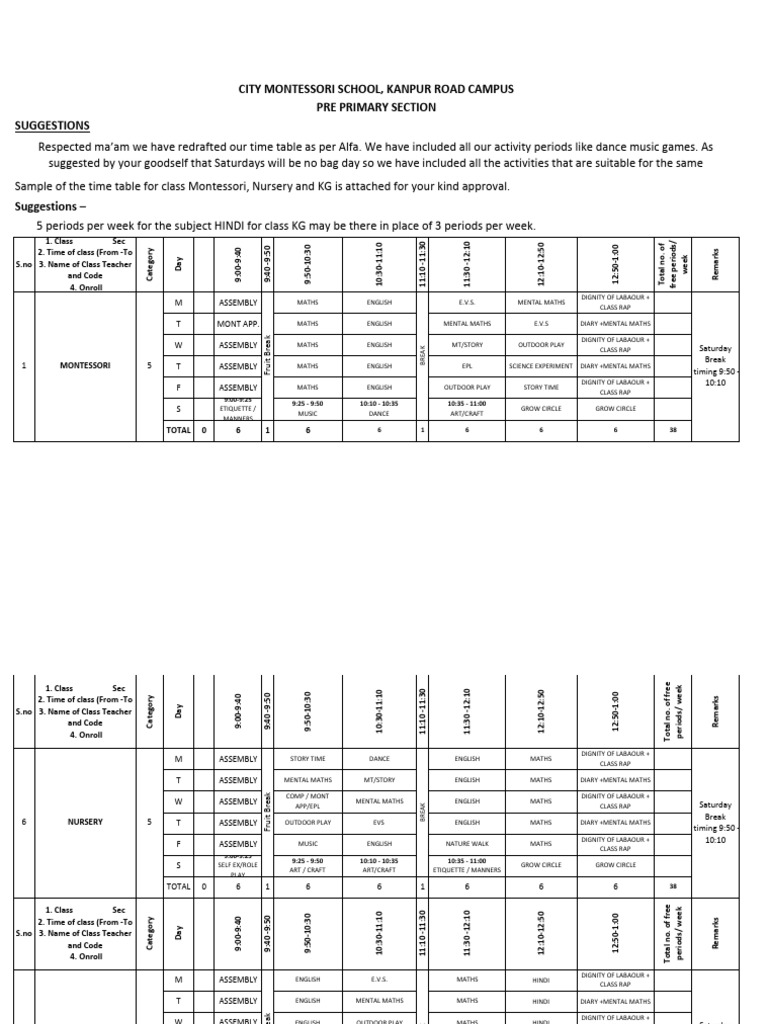 Sample Time Table For Alfa Pre Primary | PDF | Schools