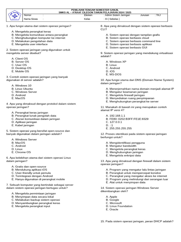 Ujian Jaringan Kelas XI TKJ | PDF
